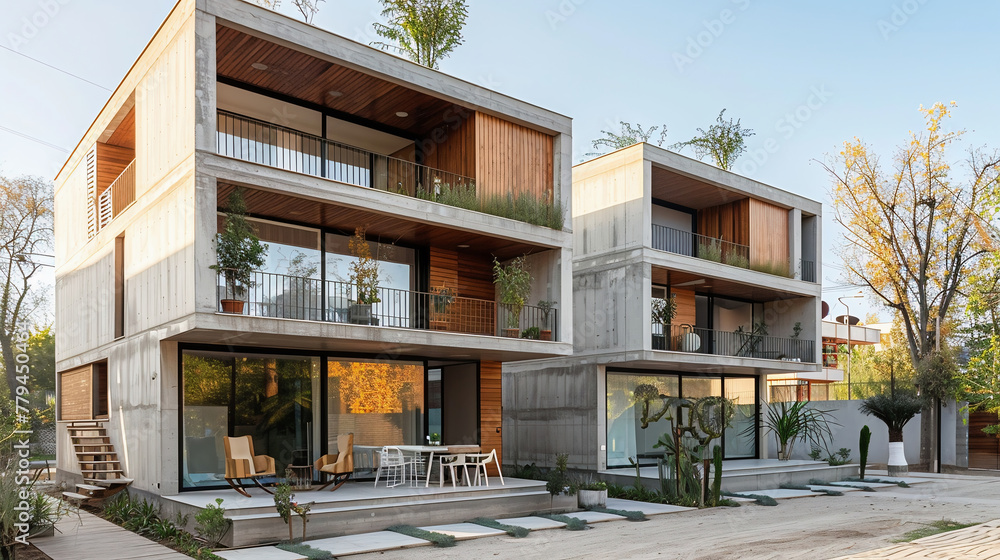 two four-story buildings of rectangular houses joined together with an ...