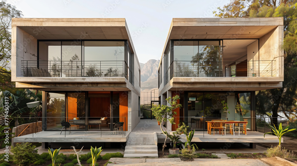 two four-story buildings of rectangular houses joined together with an ...