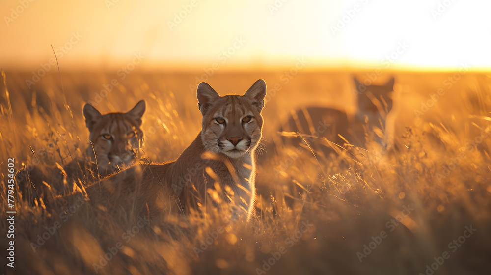 Puma family in the savanna with setting sun shining. Group of wild ...