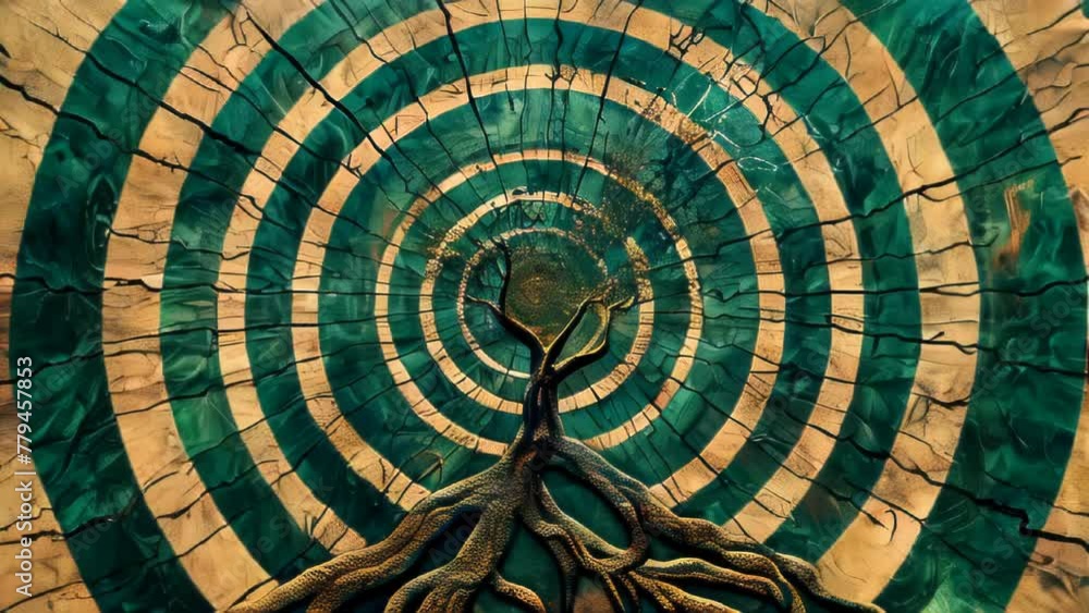 Vibrant green and golden concentric circles represent the eternal cycle ...