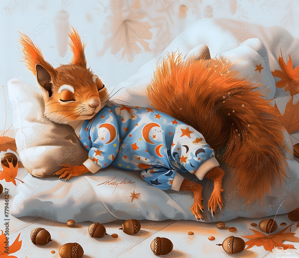 cute little squirrel wearing pajamas is sleeping on a pillow Stock ...