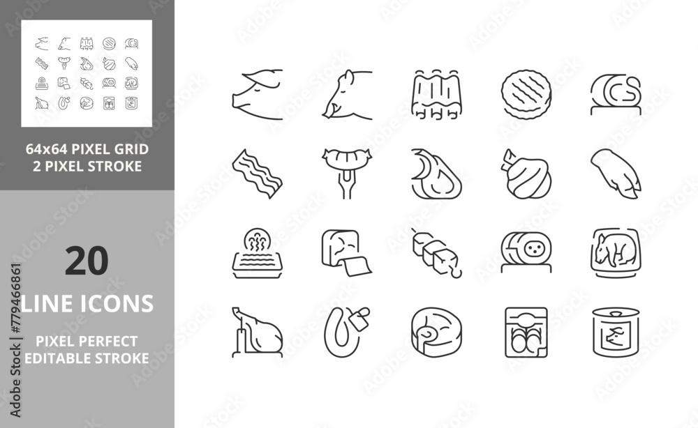 Pork meats 64px anLine icons about pork meats products. Editable vector ...