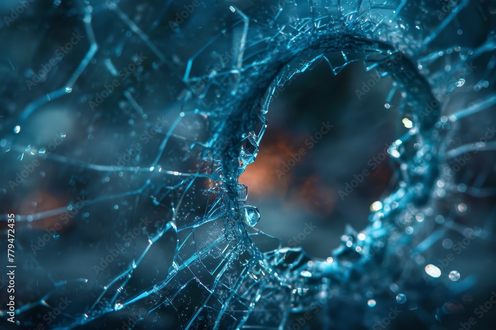 Blue wave and the swirls within the cracks of shattered glass. Stock ...