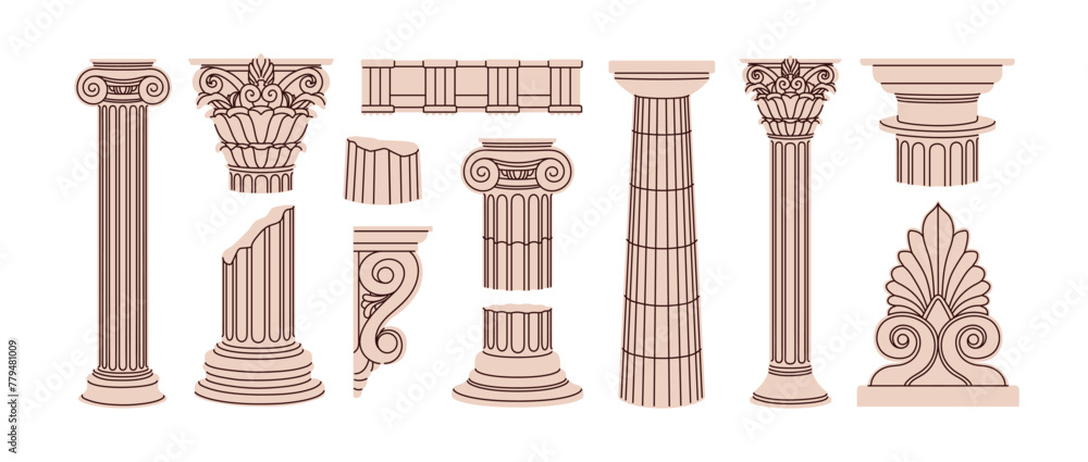 Greek antique architecture elements set. Ancient columns, Roman pillars ...