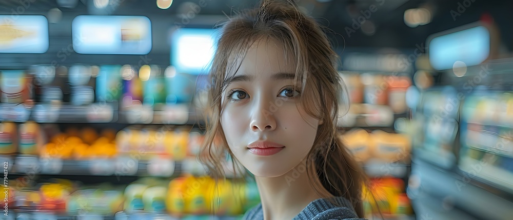 Woman shopping mindfully considering nutrition prices and product ...