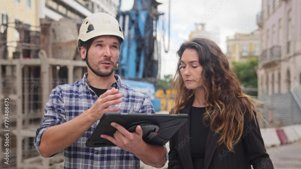 Engineer constructor discuss build plan with investor woman. Builder ...