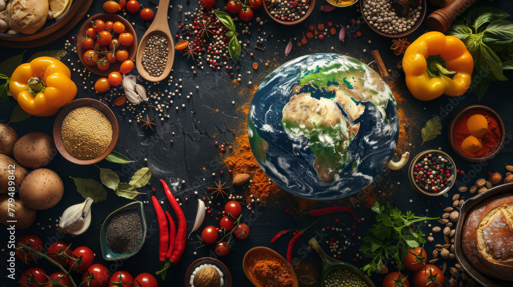 World Food Day, Earth globe at the heart of a variety of food, spices ...
