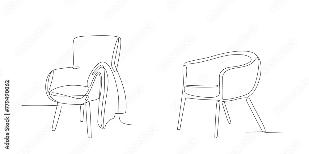Armchairs collection in continuous single line drawing style. Interior ...