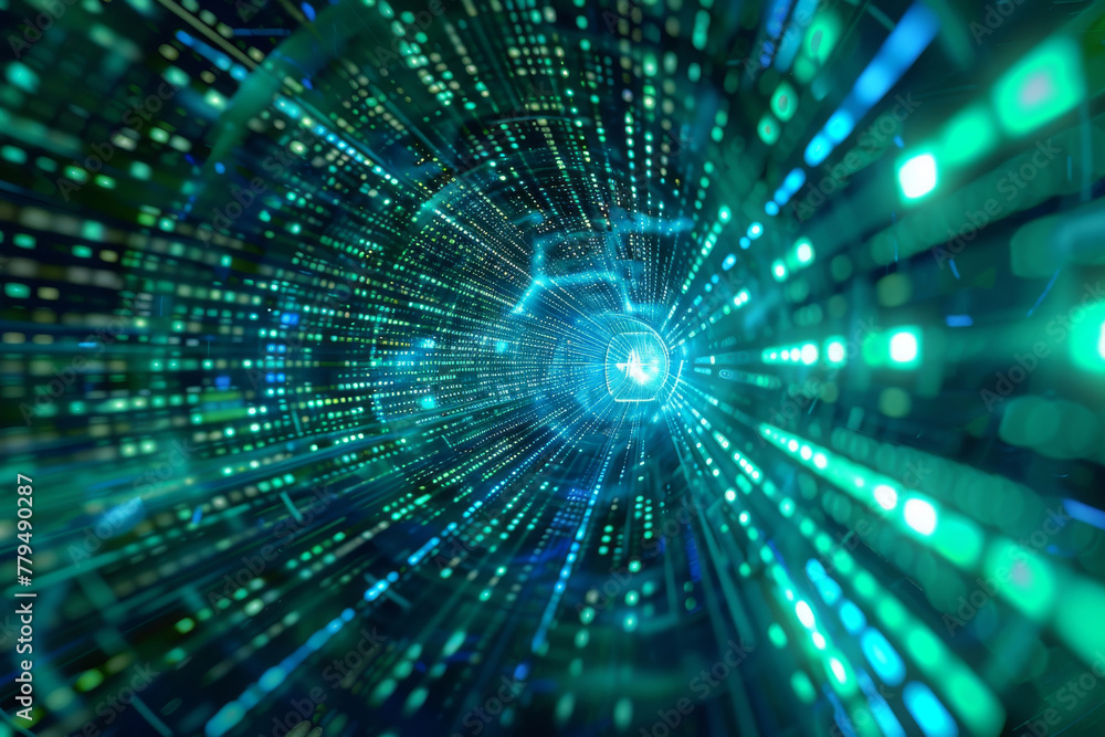 High-speed data streaming, blue and green holographic codes, futuristic ...