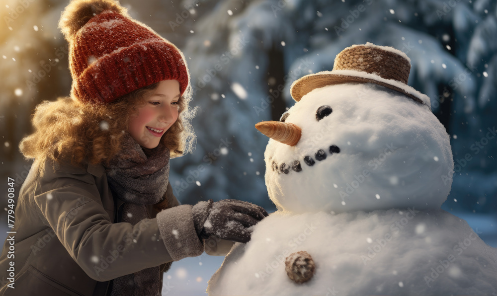 Cute little girl is building an amazing snowman Stock Photo | Adobe Stock