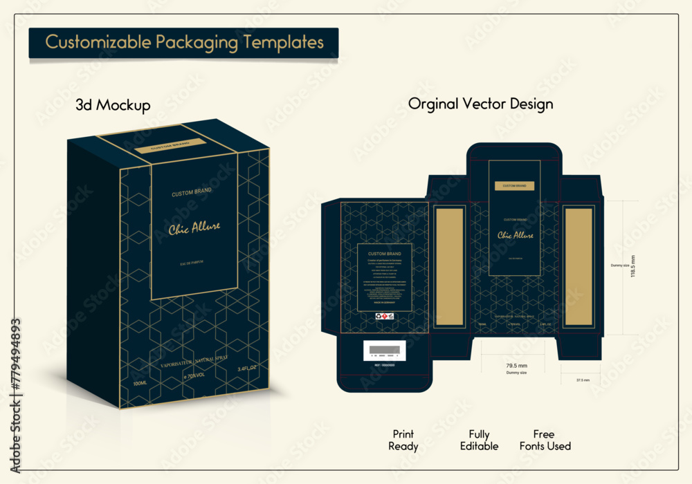 package box die cut with 3d mockup design elements, labels, icons ...