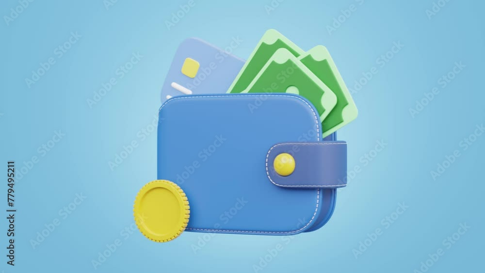 3d icon cash money, credit card into wallet, coin float on blue ...