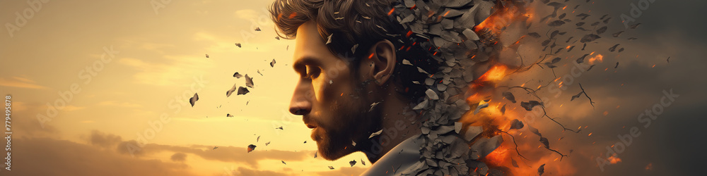 Disintegrating portrait against a fiery sunset sky evoking ...
