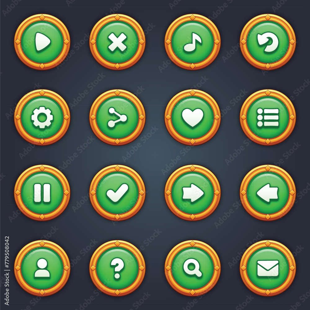 Game ui set of green buttons in cartoon style gui to build 2d games ...
