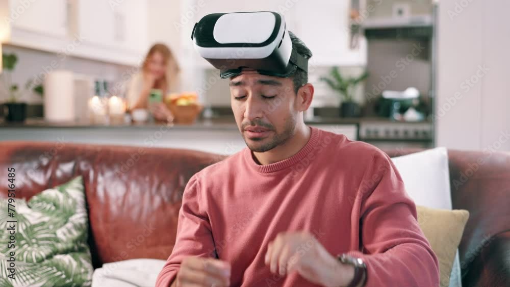 Asian man, relax and sofa at home with vr glasses for metaverse ...