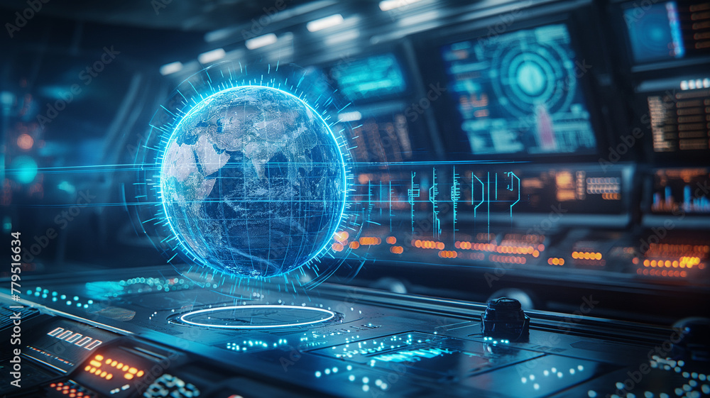 A computer monitor displays a blue and green globe with a red dot in ...