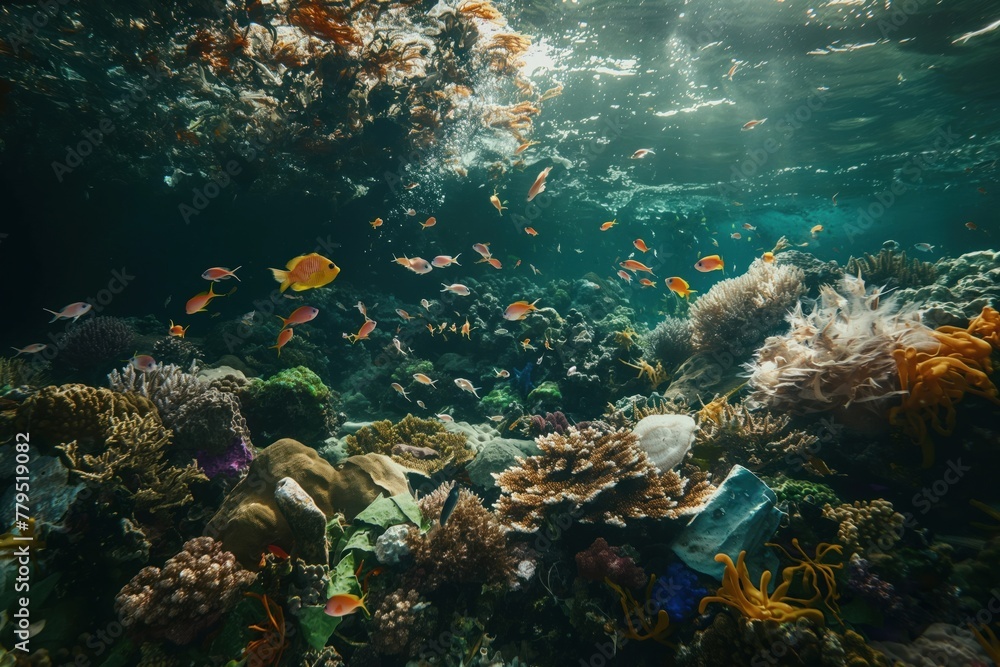Coral smothered by plastic waste, environment, ecosystem, conservation ...