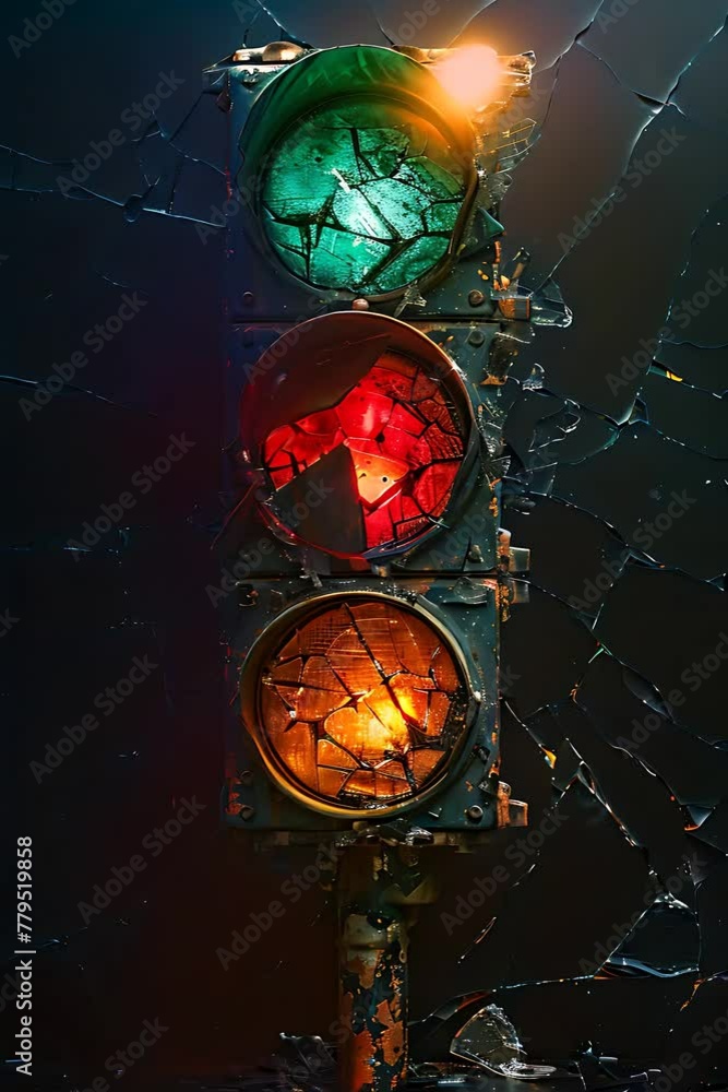 A broken traffic light lies abandoned on the side of a busy road, with ...