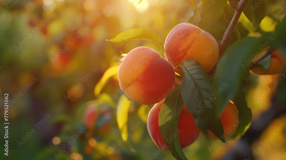 Intimate peach view, close-up, summer fruits, spacious backdrop ...