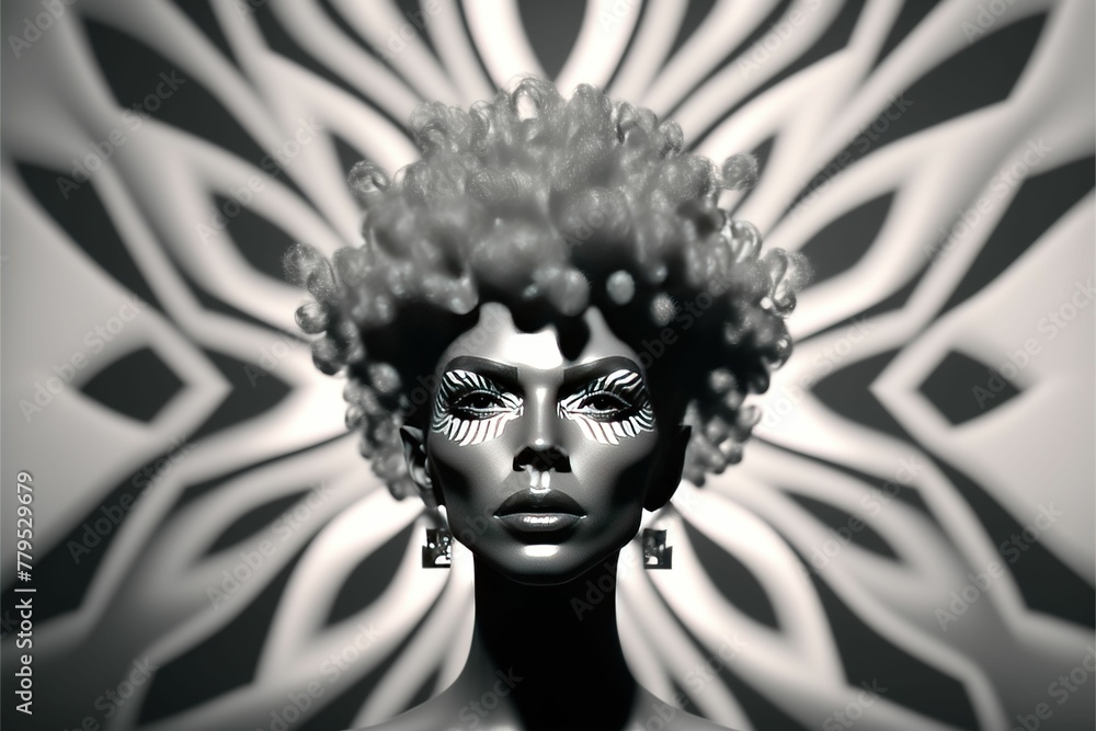 Greyscale AI generated illustration of a feminine drag queen with curly ...
