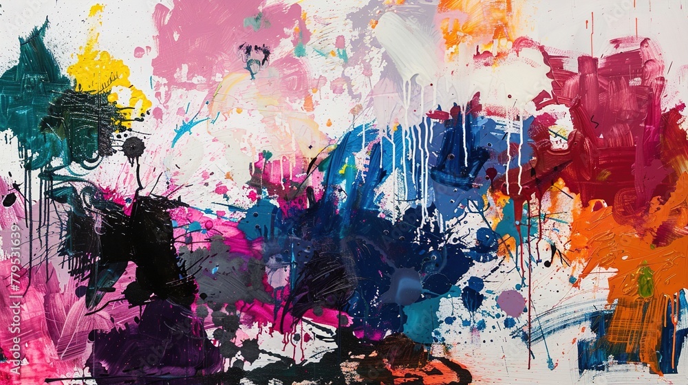 An abstract expressionist artwork filled with bold gestures, splatters ...