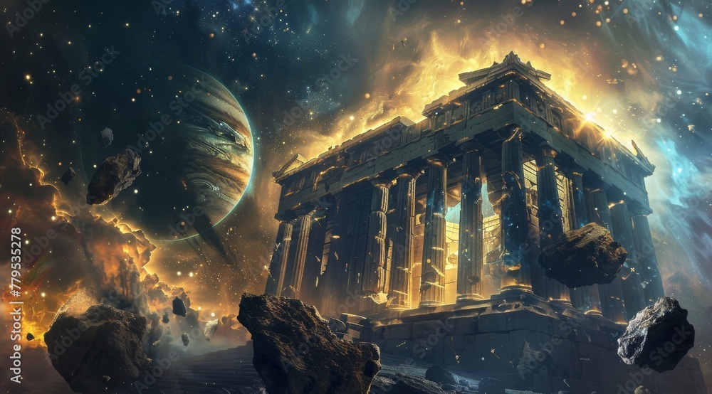 Ancient Greek temple amidst cosmic destruction. An ancient Greek temple ...