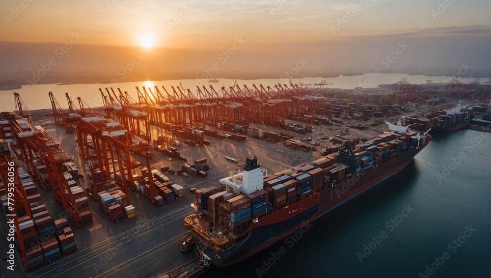 Container ship at anindustrial port in import export business logistic ...