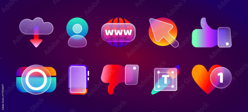 Realistic ui icons with blur neon gradient in glassmorphism style ...