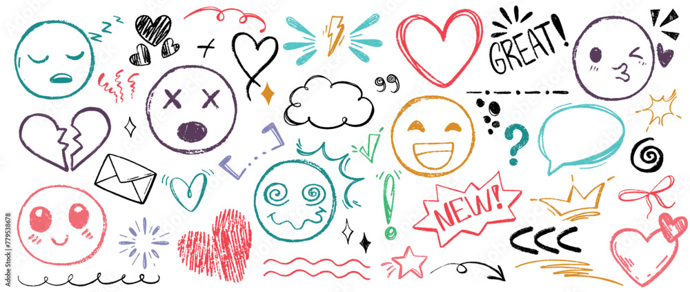 Hand drawn set of colorful charcoal doodle emoji faces with different ...