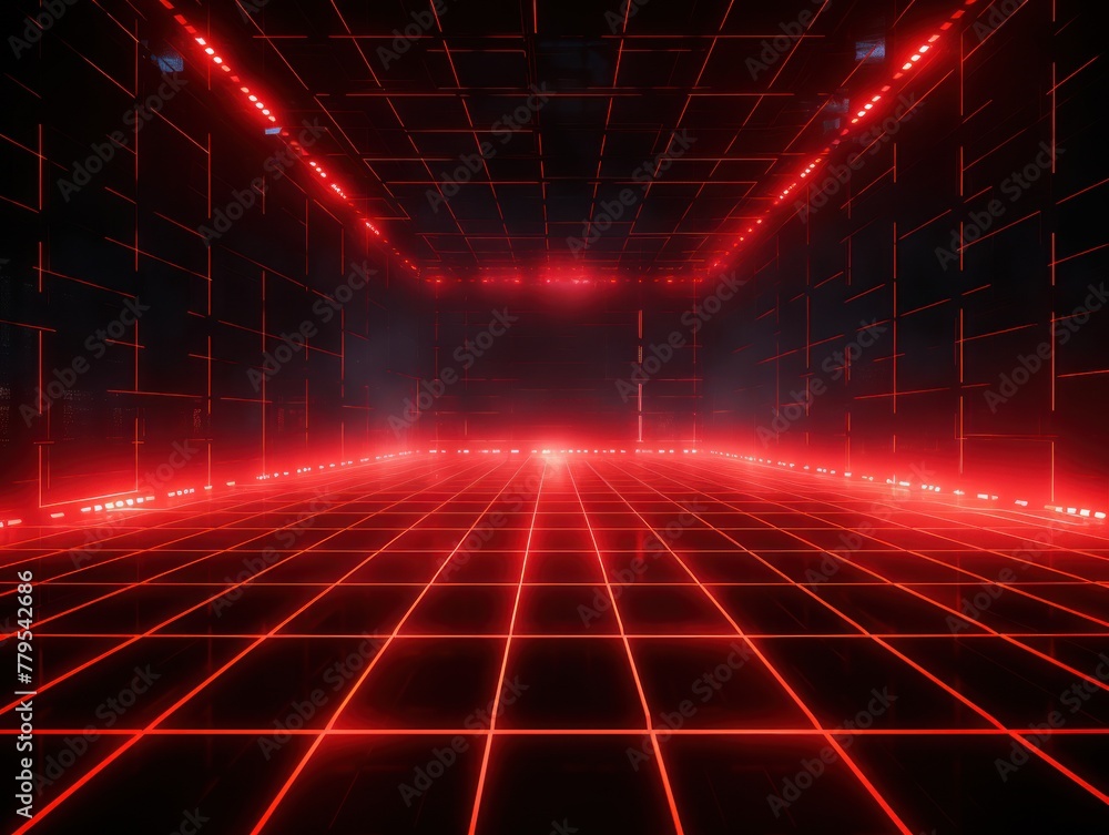 red light grid on dark background central perspective, futuristic retro ...