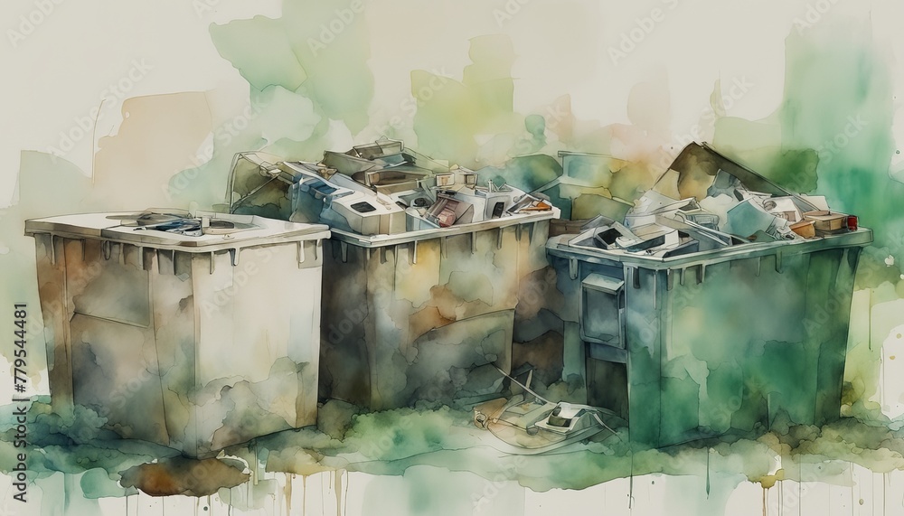 Watercolor illustration of overflowing garbage bins, symbolizing waste ...