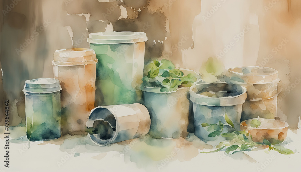 Watercolor painting of eco-friendly reusable containers adorned with ...