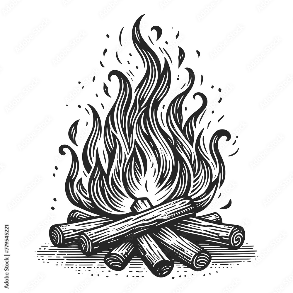 campfire with roaring flames and logs, executed in a detailed engraved ...