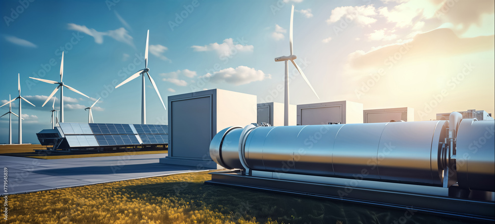 Renewable Energy Concept. Wind Turbines, Solar Panels, and Battery ...