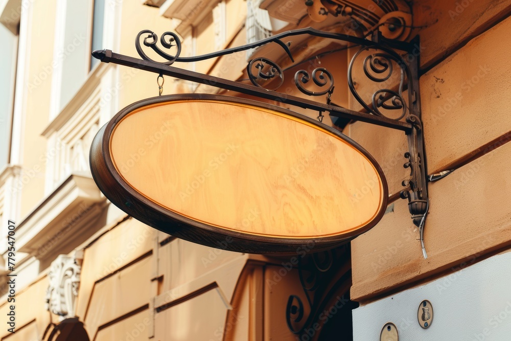 Empty oval store sign on classic building facade for branding mockup ...