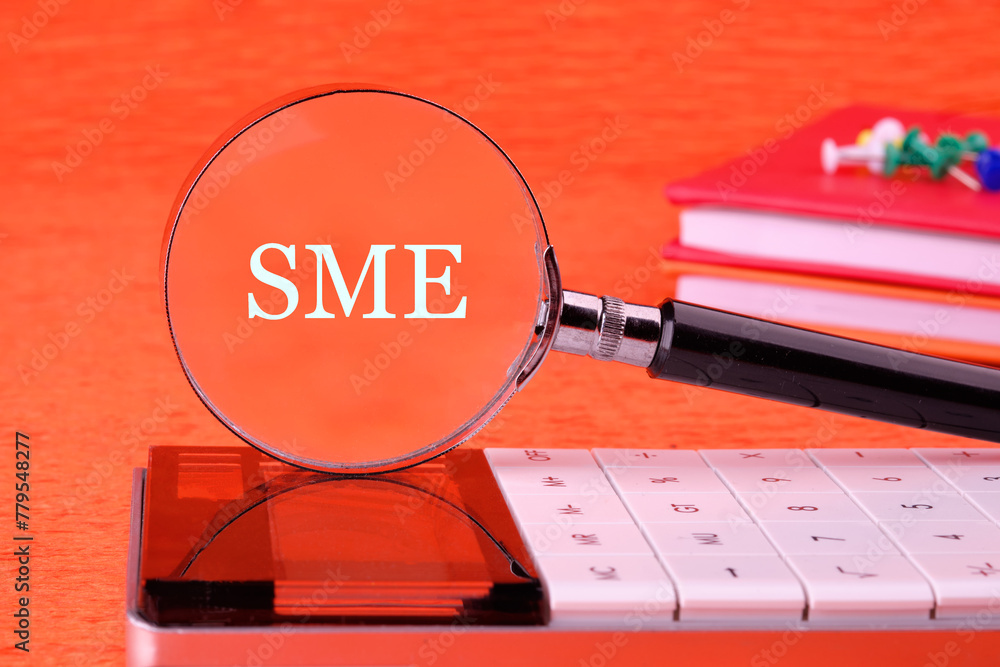 SME (or small and medium enterprises) symbol through a magnifying glass ...
