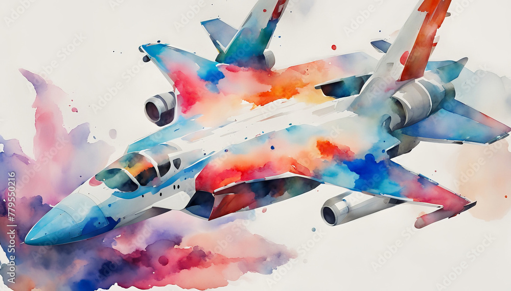 Colorful watercolor painting of a fighter jet in dynamic flight, ideal ...