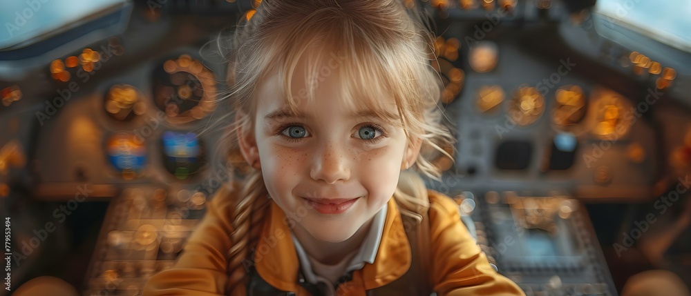 Excited child in pilot uniform pretending to fly a plane in cockpit ...