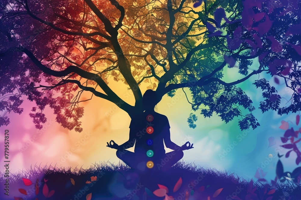 Silhouette of Individual Meditating Under Colorful Tree - A Symbol of ...