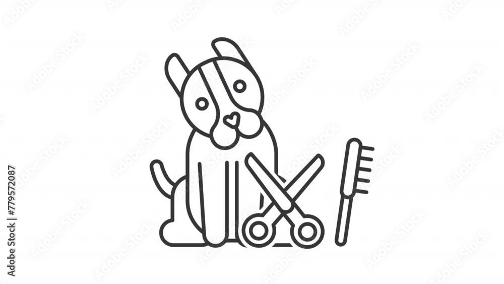 Pet grooming line animation. Animated dog and grooming tools icon. Pet ...