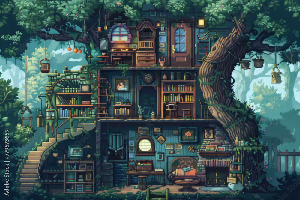 A 2D retro rpg game style of a cross-section of a treehouse with ...