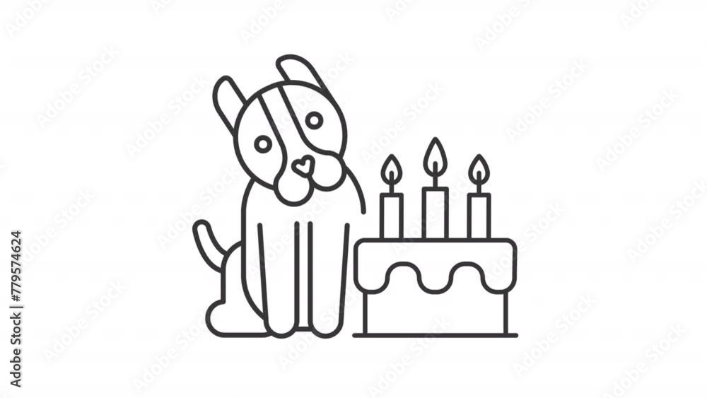 Pet party line animation. Animated dog with cake icon. Pet adoption ...