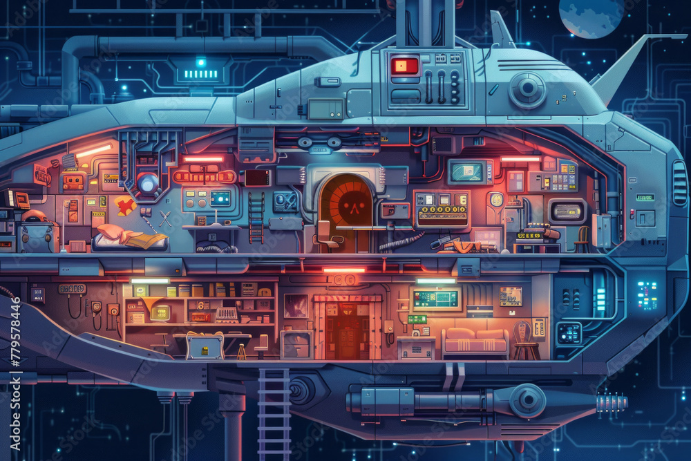A 2D retro rpg game style of a cross-section of a spaceship with ...