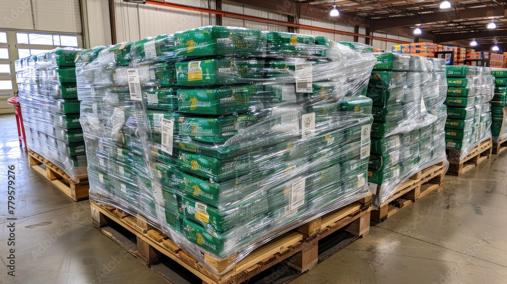 A warehouse setting with multiple pallets of goods wrapped in plastic ...