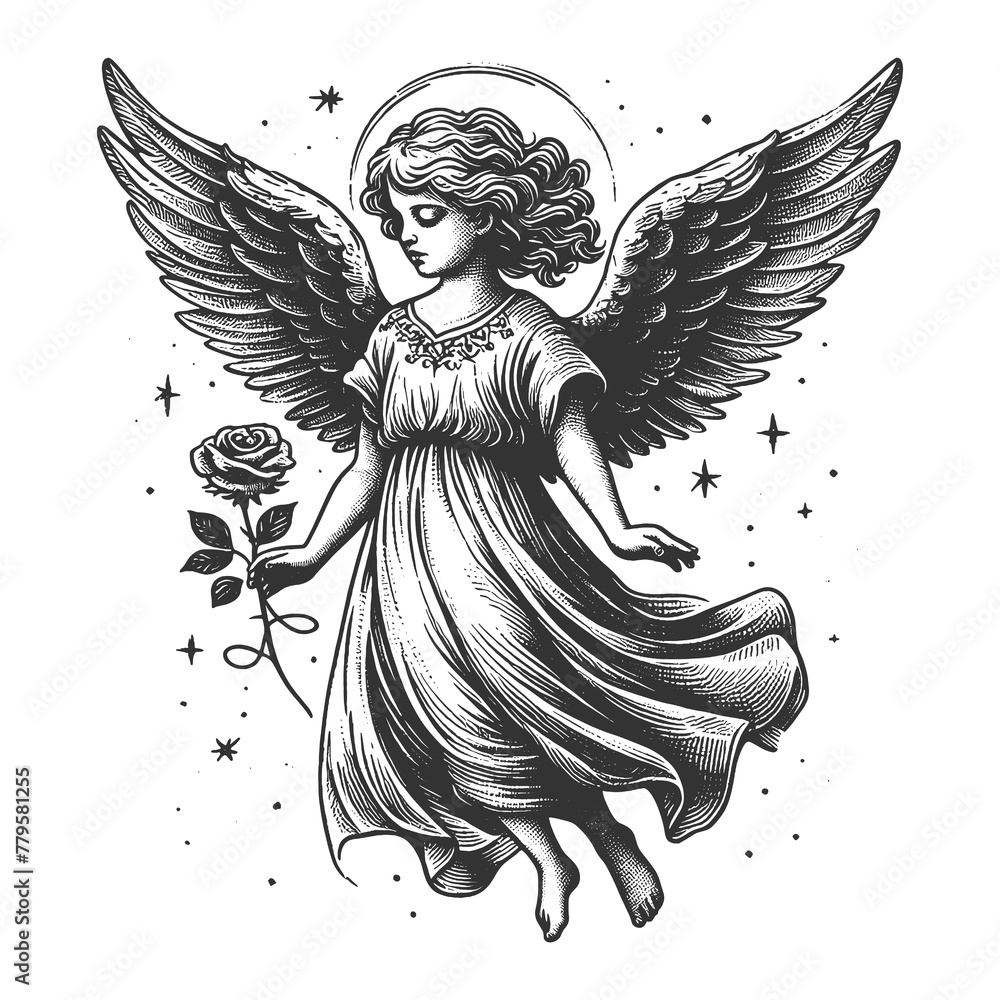angel with wings, holding a rose, surrounded by stars sketch engraving ...