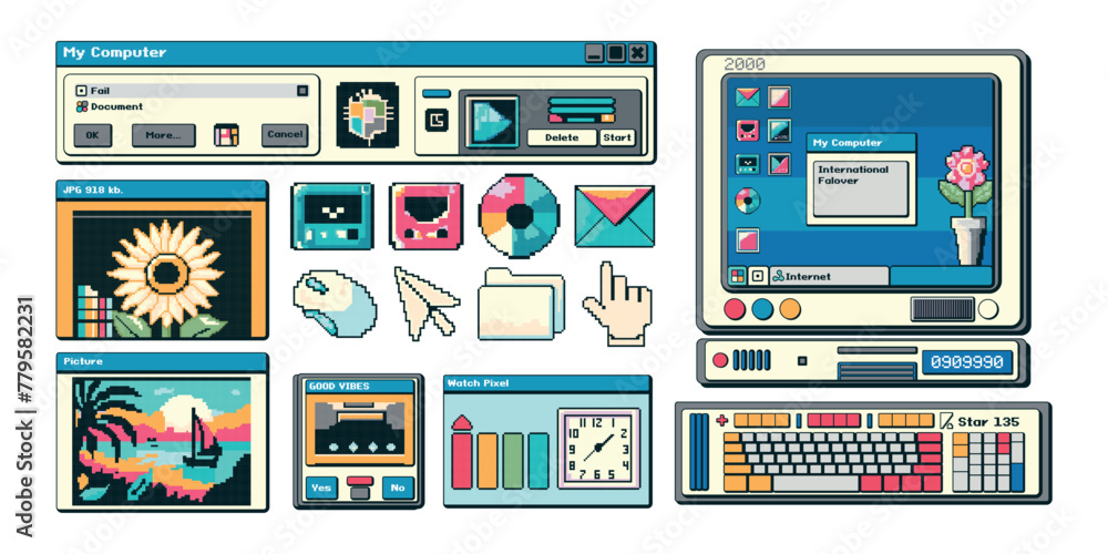 Trending elements of the computer interface in the pixel art style of ...