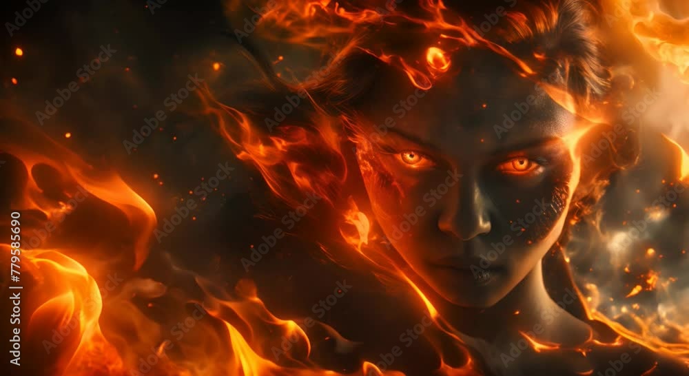 A dark fantasy woman made of fire, flames on her skin and hair, glowing ...