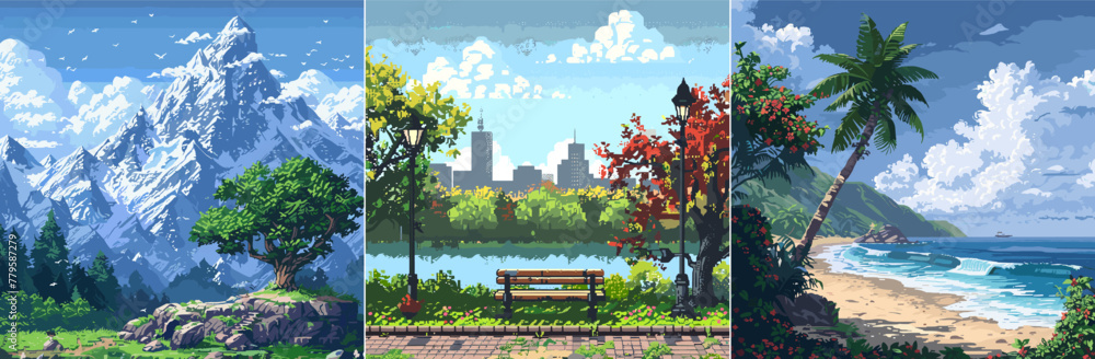 Landscape cityscape pixel art vector concepts. Summer ocean beach 8 bit ...