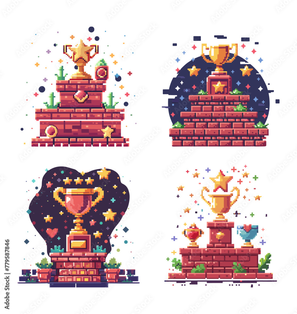 Level achievement pixel art vector concepts. 8 bits cup stars pedestal ...