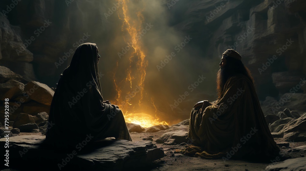 Scene of Muhammad receiving first revelation from Angel Gabriel in the Cave of Hira. AI ...